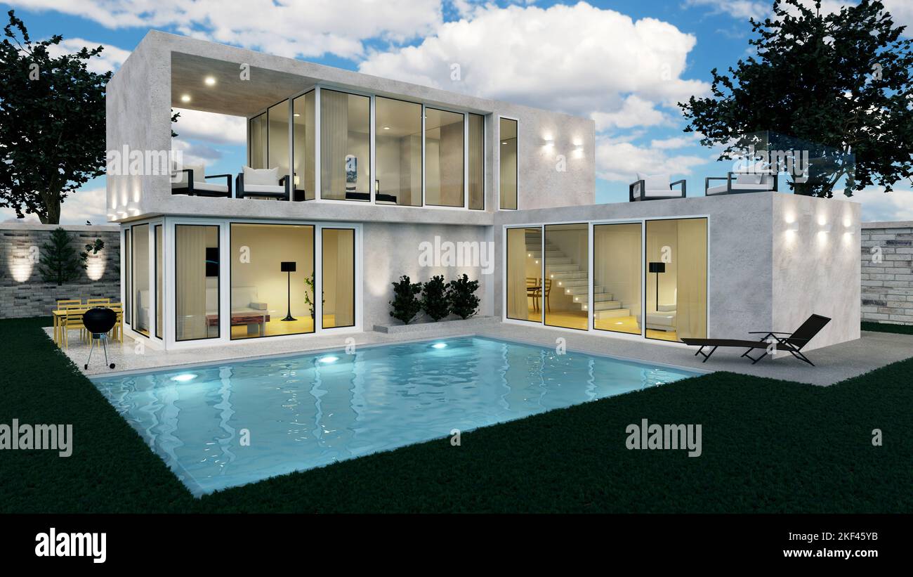 Modern house on the relief. Exterior. Evening illumination of the ...