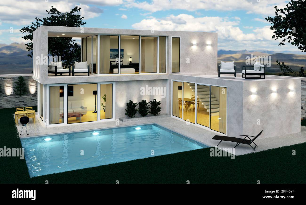 Modern house on the relief. Exterior. Evening illumination of the ...