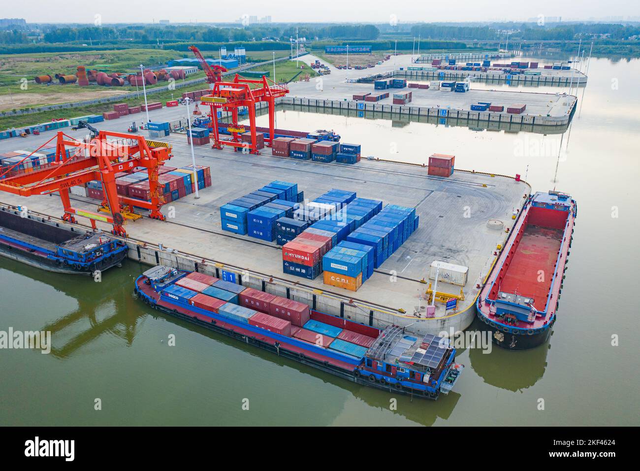 Aerial photos show the views of Zhoukou inland waterway port in Zhoukou ...