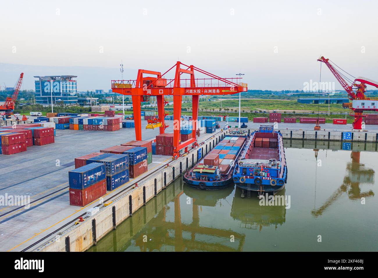Aerial photos show the views of Zhoukou inland waterway port in Zhoukou ...
