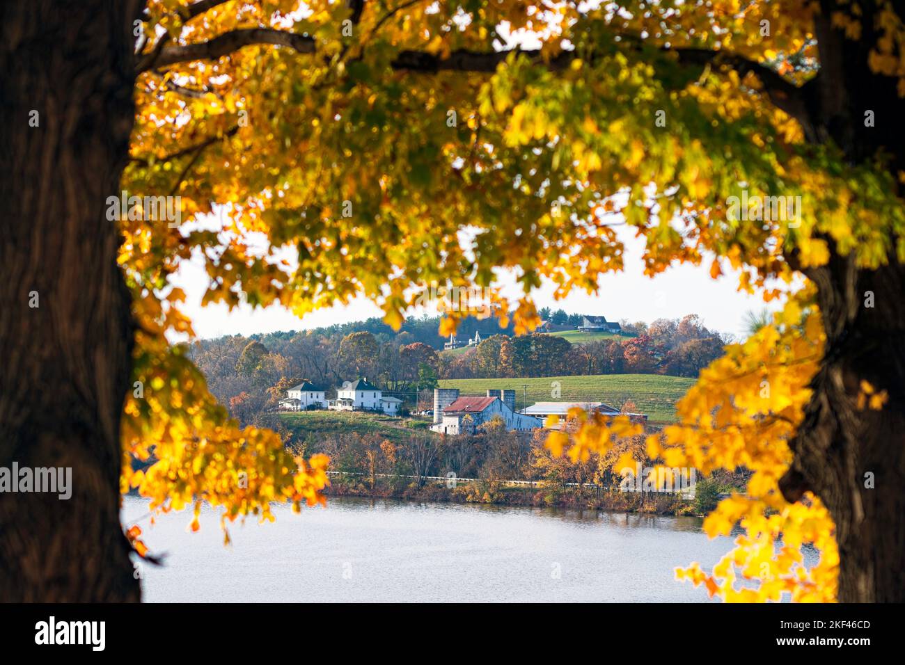 Rural Ohio Appalachian landscape as viewed from the framing of colorful ...