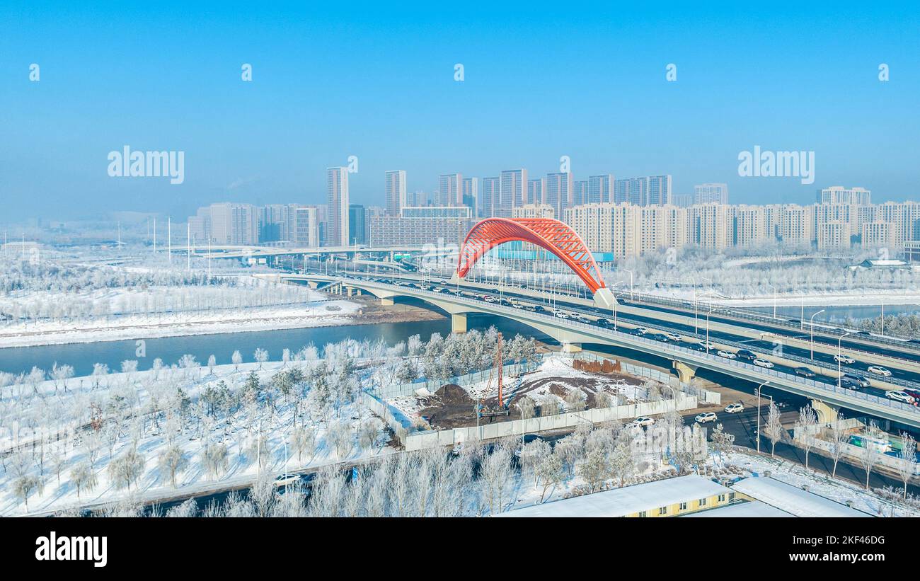 Aerial photo show the exquisite rime scenery showing on the banks of ...
