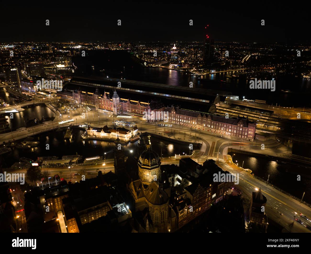 Amsterdam city center skyline by night aerial drone overhead view ...