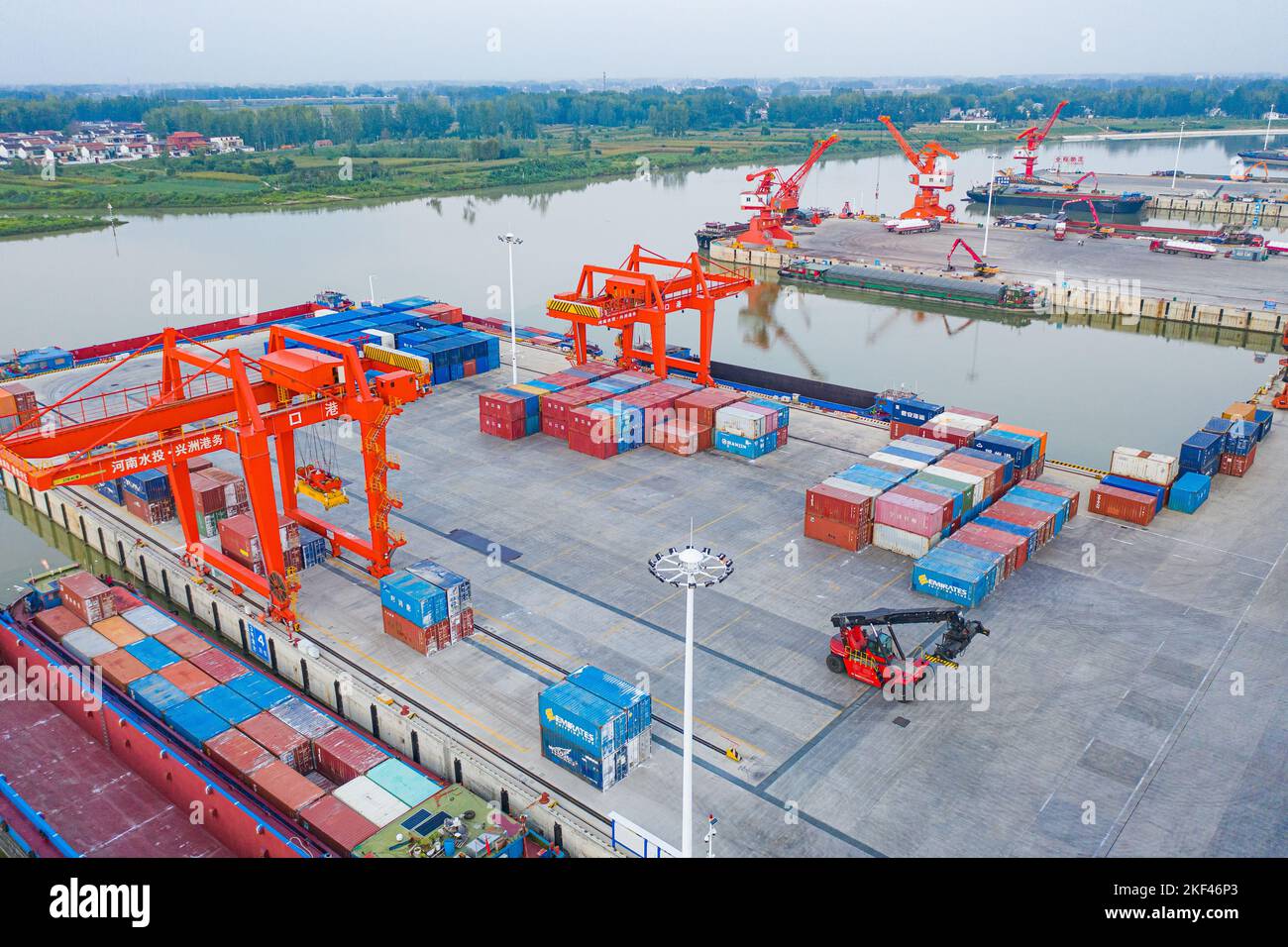 Aerial photos show the views of Zhoukou inland waterway port in Zhoukou ...
