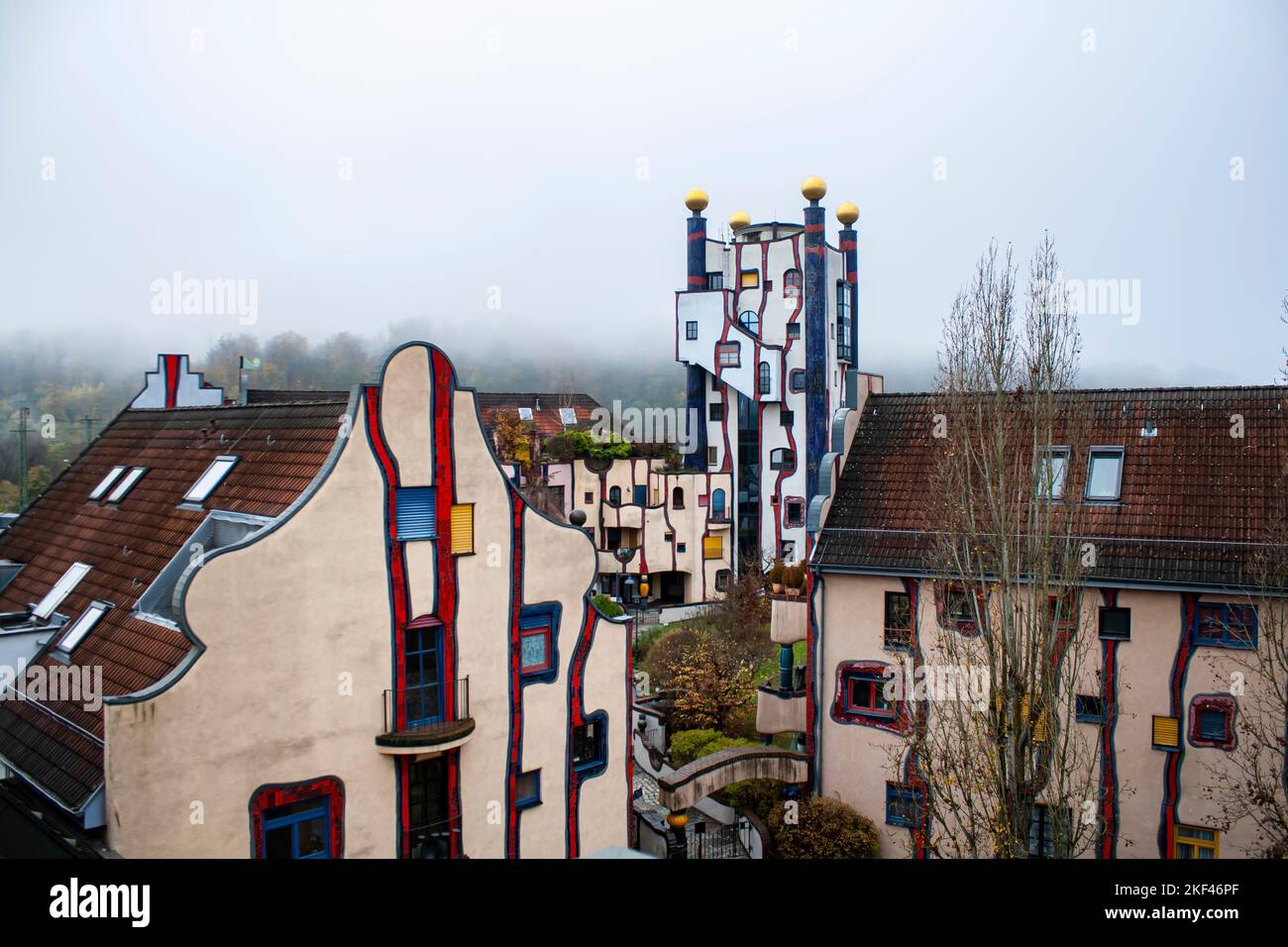City landmark Hundertwasser house photographed in the foggy morning ...