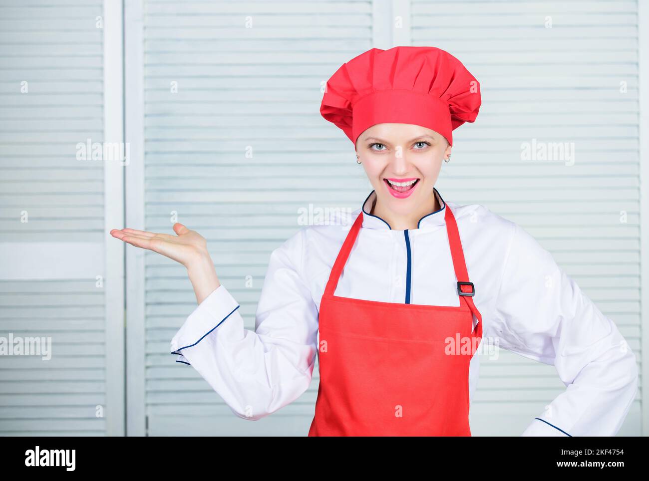 Lady adorable chef teach culinary arts. Improve culinary skill. Welcome ...