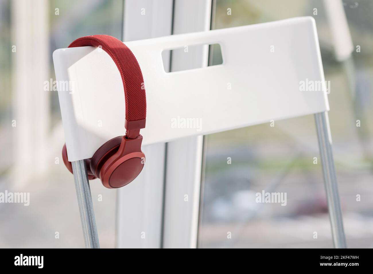 Red round headphones. musical dj equipment Stock Photo - Alamy