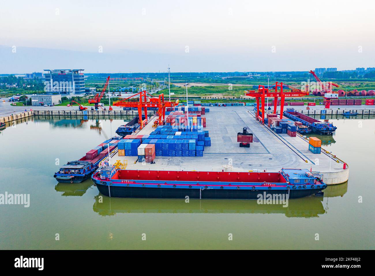Aerial photos show the views of Zhoukou inland waterway port in Zhoukou ...