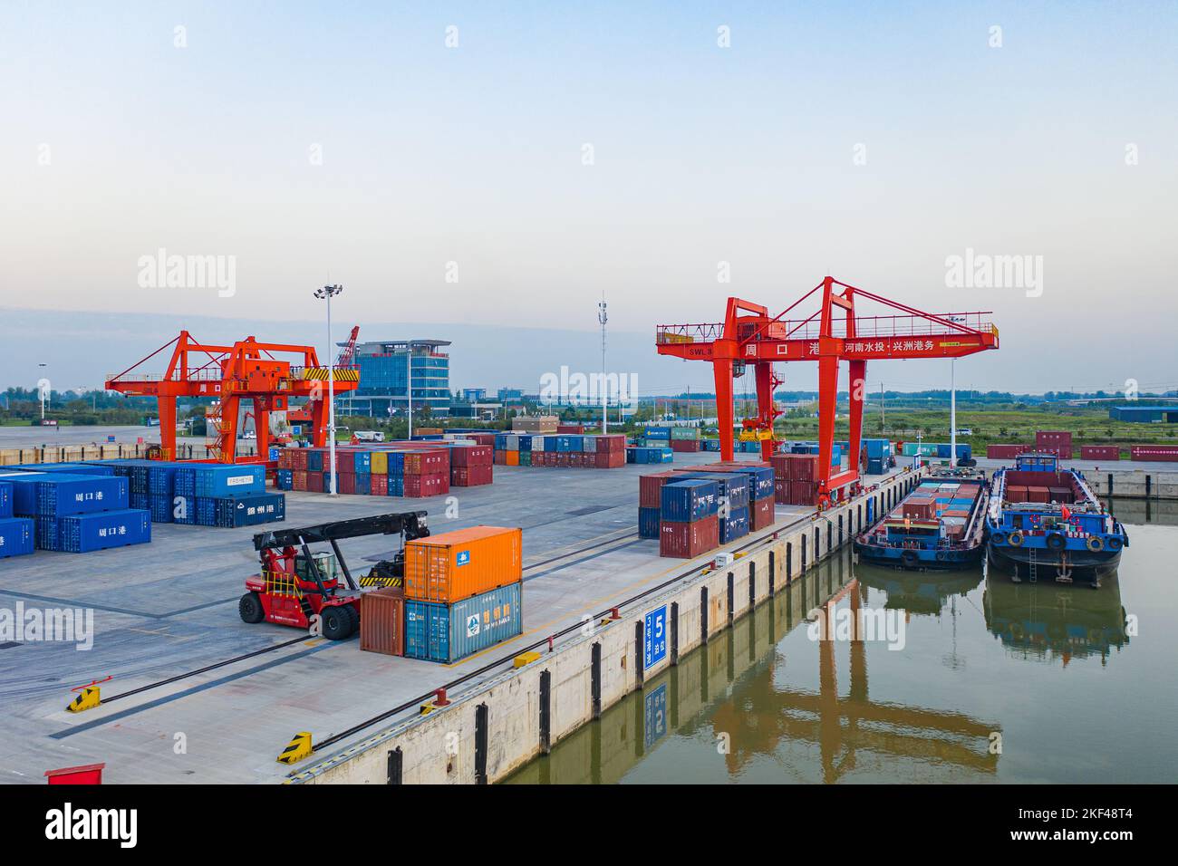 Aerial photos show the views of Zhoukou inland waterway port in Zhoukou ...