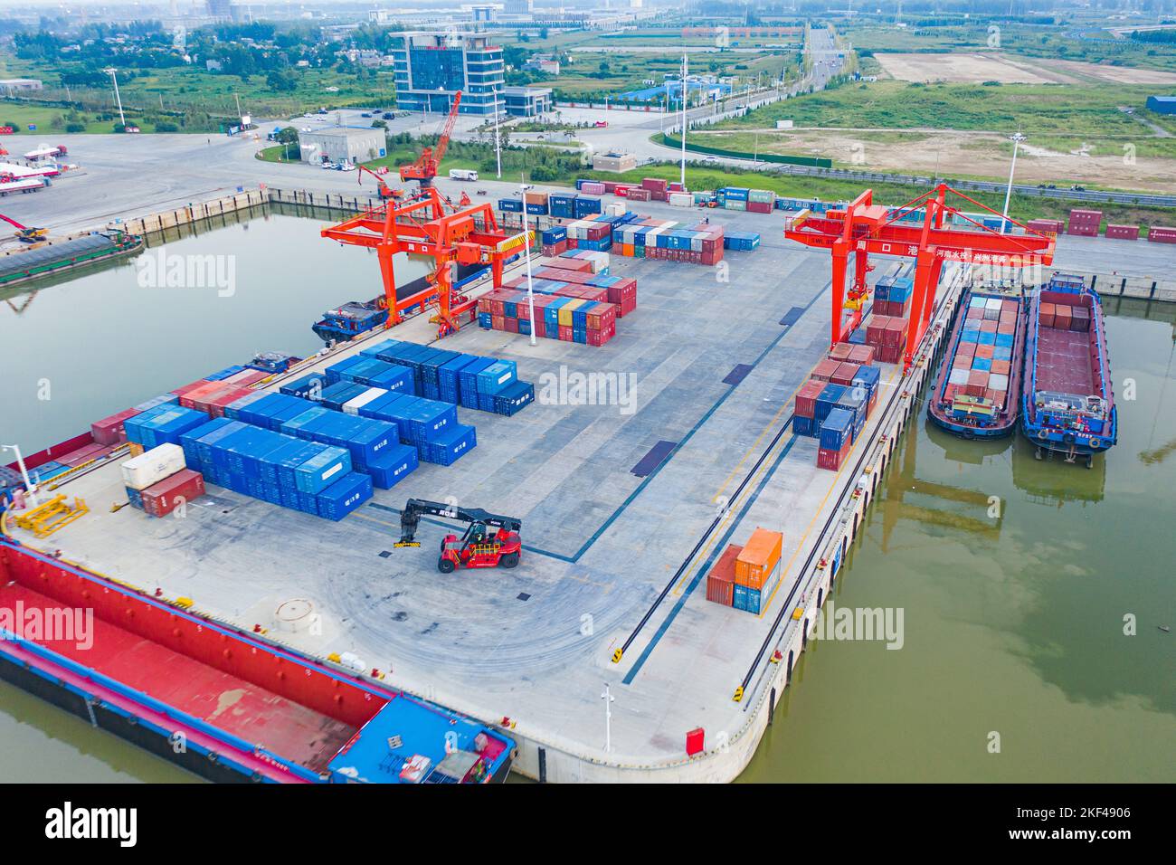 Aerial photos show the views of Zhoukou inland waterway port in Zhoukou ...