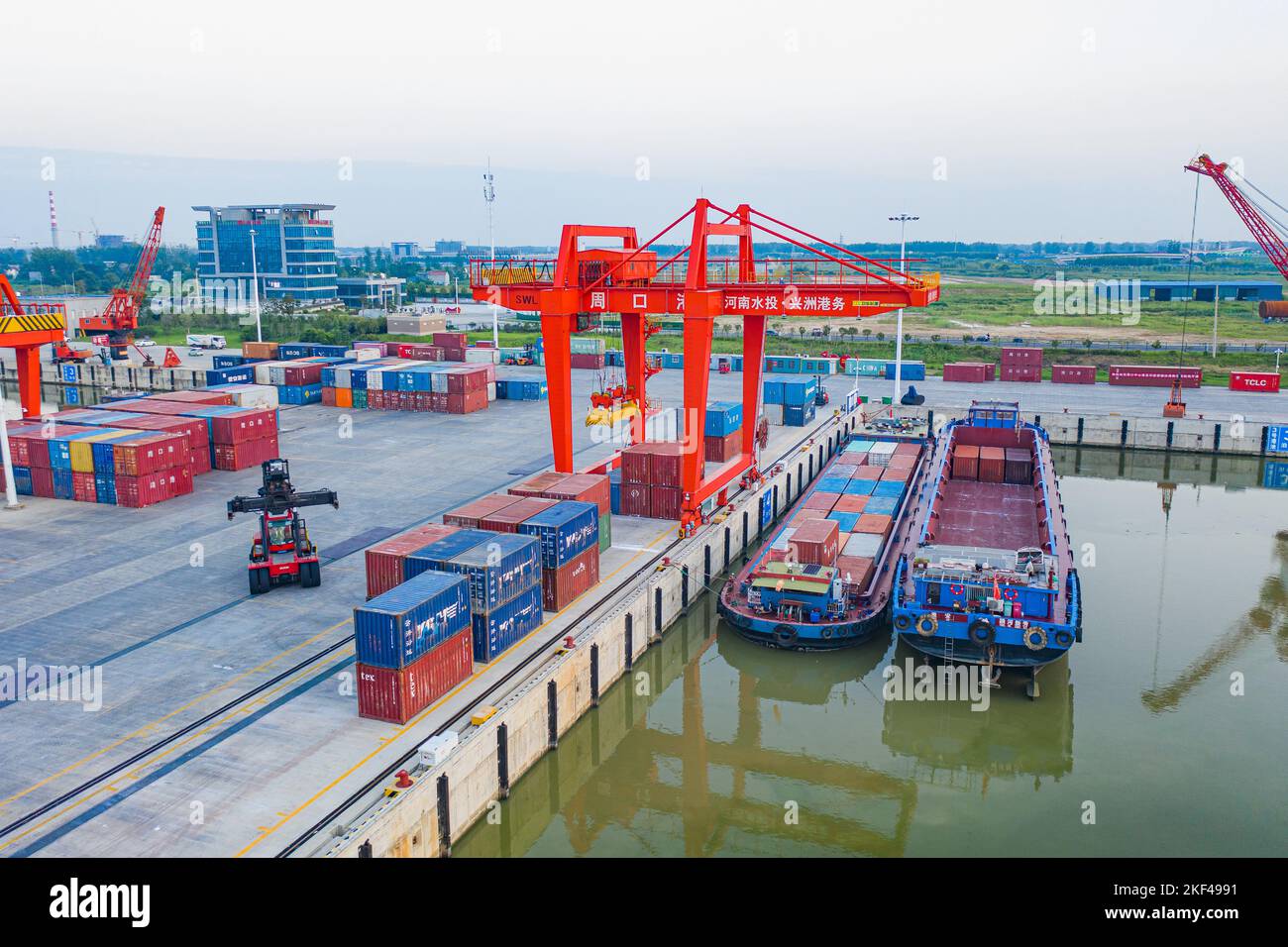 Aerial photos show the views of Zhoukou inland waterway port in Zhoukou ...