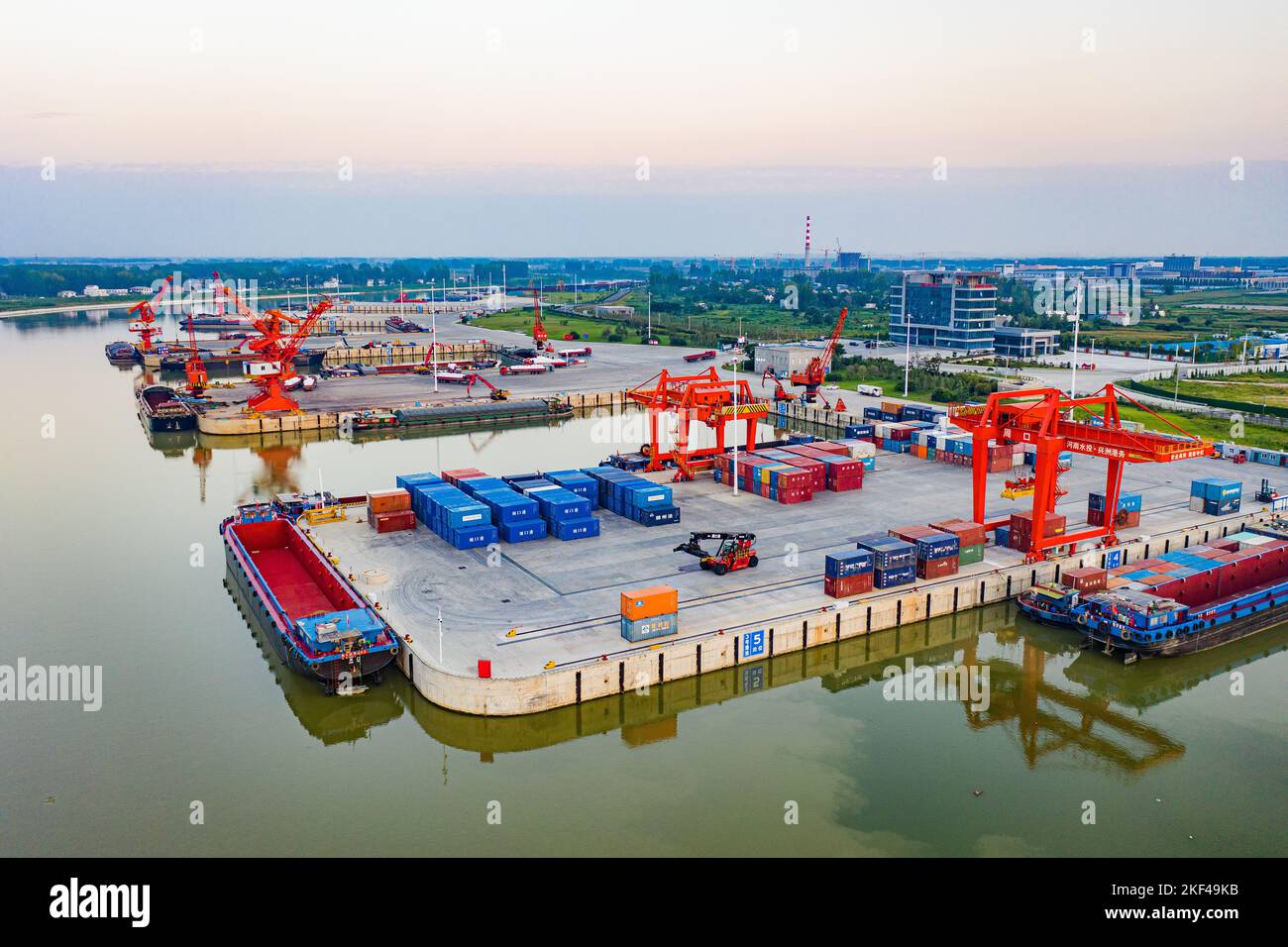 Aerial photos show the views of Zhoukou inland waterway port in Zhoukou ...