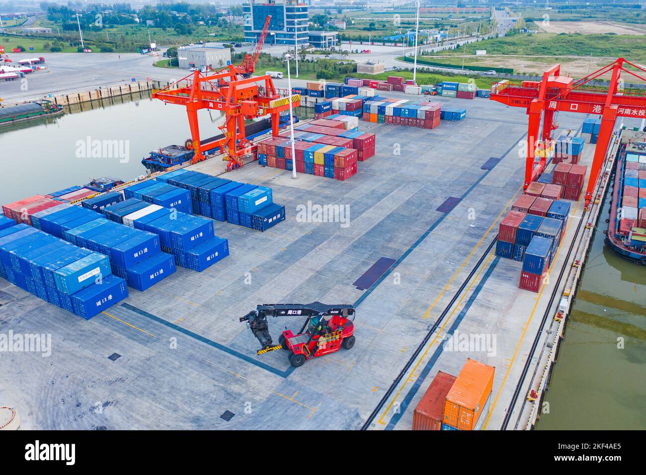 Aerial photos show the views of Zhoukou inland waterway port in Zhoukou ...