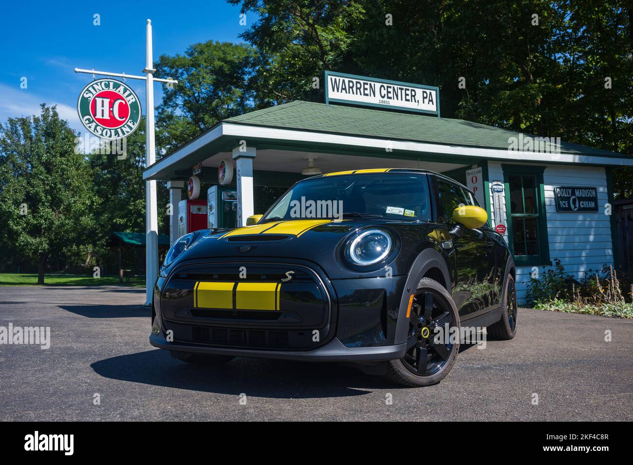 Warren Center, PA, USA - Sept 24, 2022: A black and yellow 2023 MINI ...