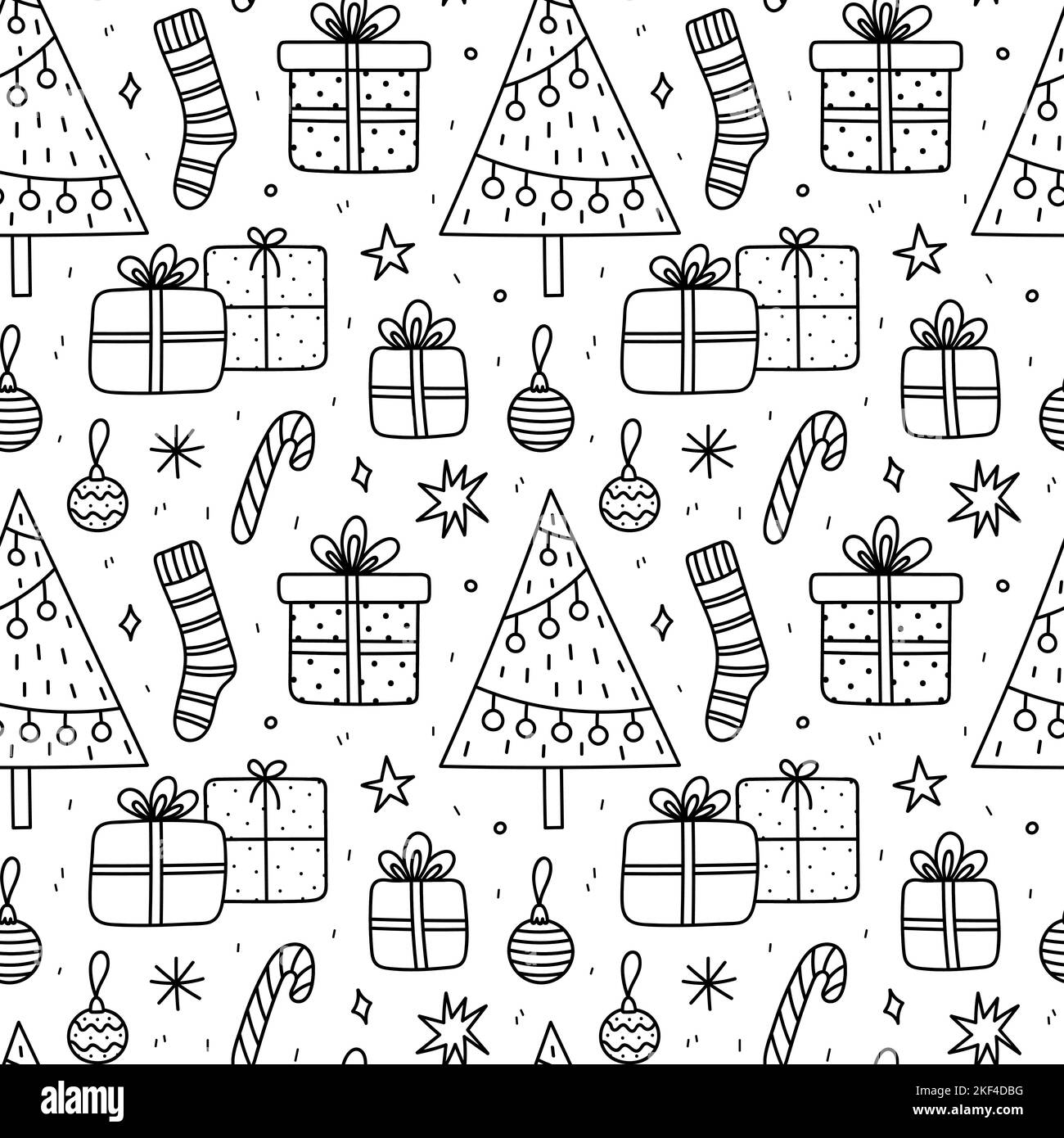 Cute xmas seamless pattern with gifts, baubles, Christmas tree, socks ...