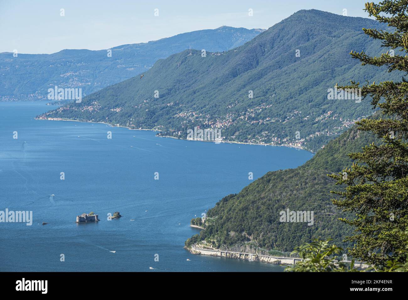 Aerial view of the Piedmont coast of Lake Maggiore with the castles of ...