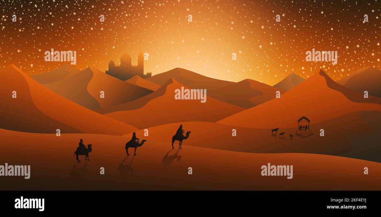 Christmas Nativity Scene of three Wise Men Magi going to meet Baby ...