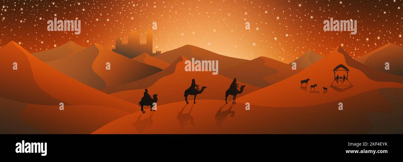 Christmas Nativity Scene of three Wise Men Magi going to meet Baby ...