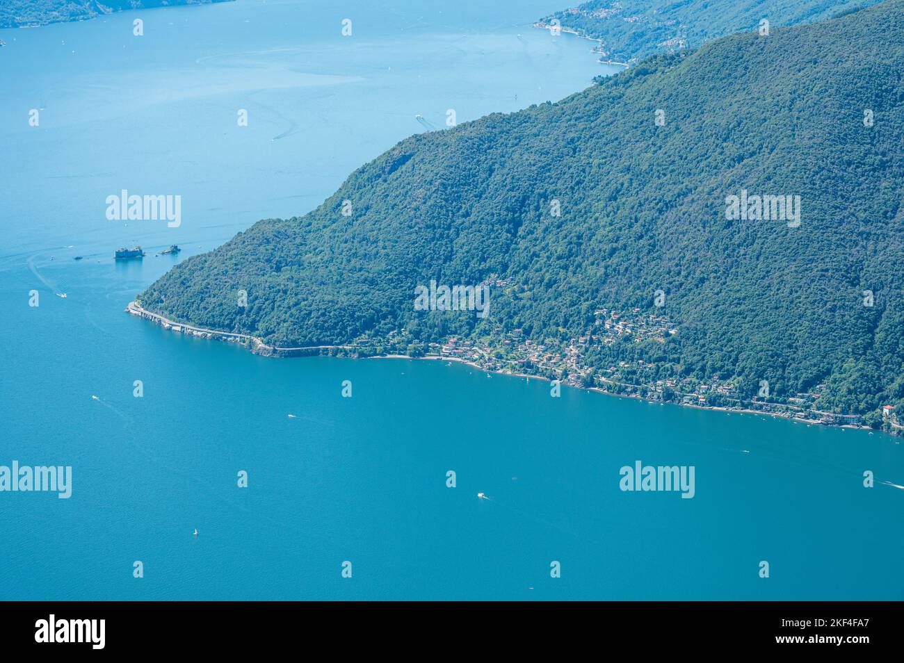 Aerial view of the Piedmont coast of Lake Maggiore with the castles of ...