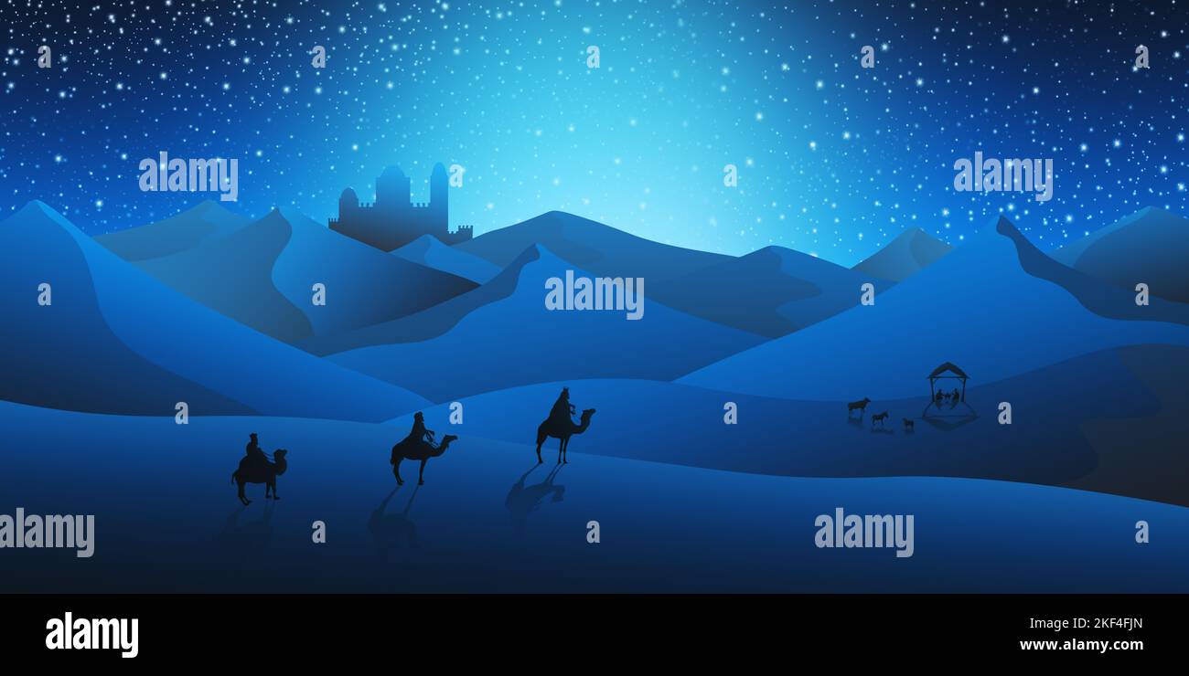 Christmas Nativity Scene of three Wise Men Magi going to meet Baby ...