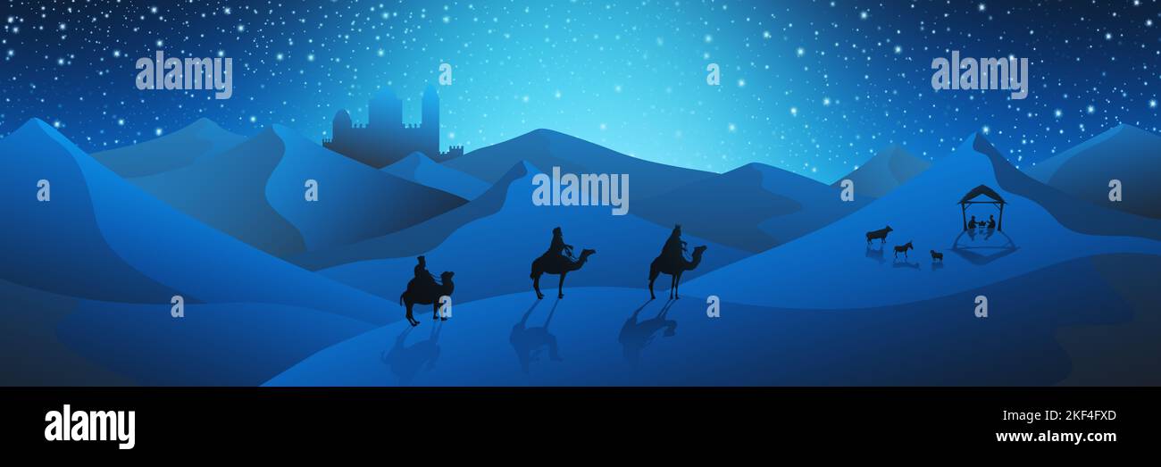 Christmas Nativity Scene of three Wise Men Magi going to meet Baby ...