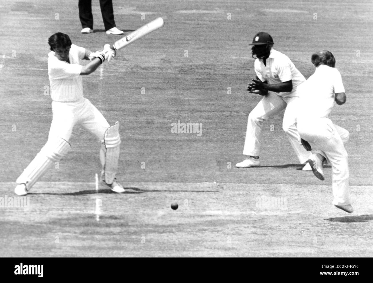 Jeremy Coney the New Zealand Captain, drives a ball from bowler Phil ...