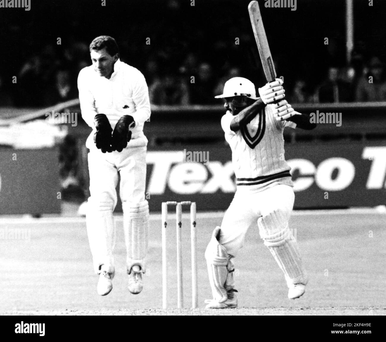 Javed Miandad strokes his way to another four as wicket keeper Jack ...