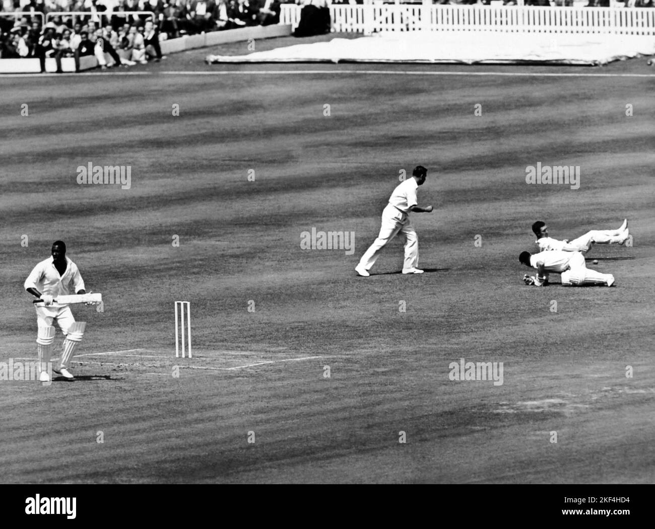 Jim Parks and Fred Titmus (England), go down together to field a ball ...