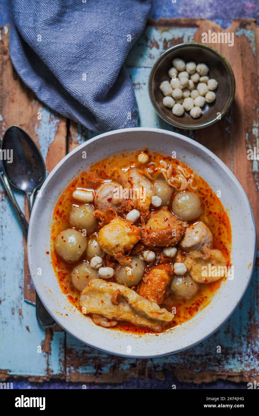 Indonesian street food Baso Aci is made from tapioca flour mixed with ...