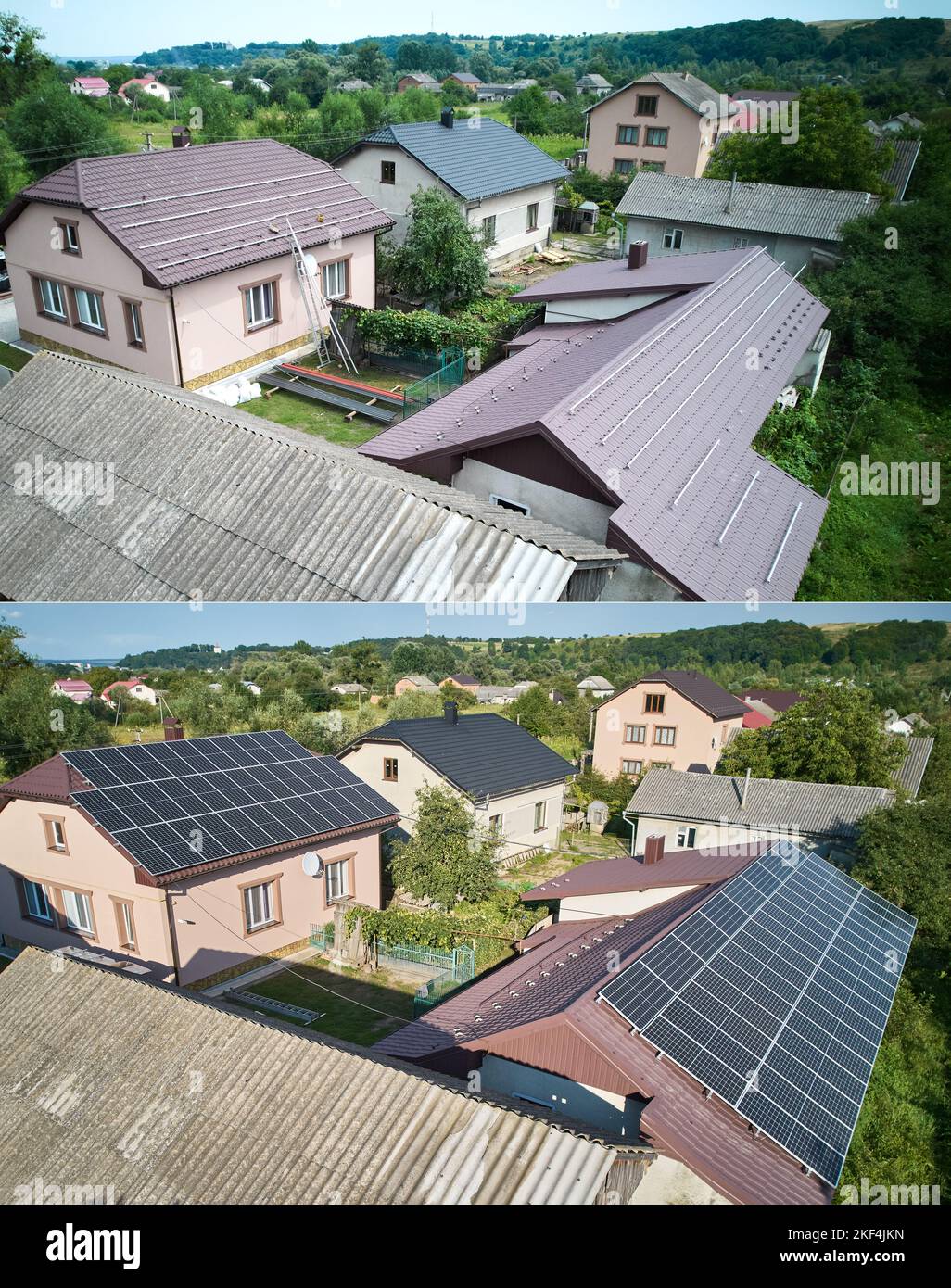Collage of photos of installation and ready solar panels on the roof of ...
