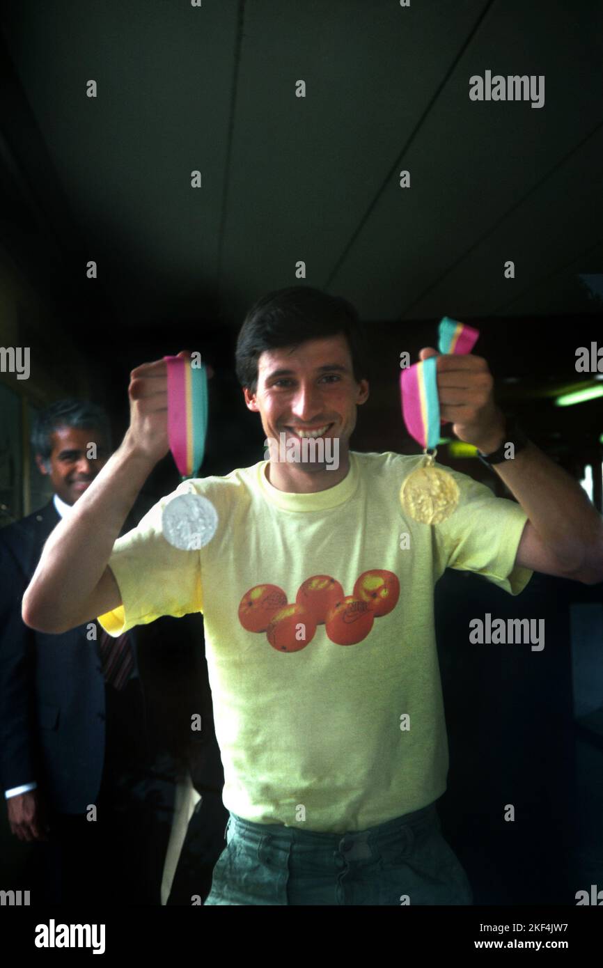 British athlete Sebastian Coe with his gold and silver medals when he ...