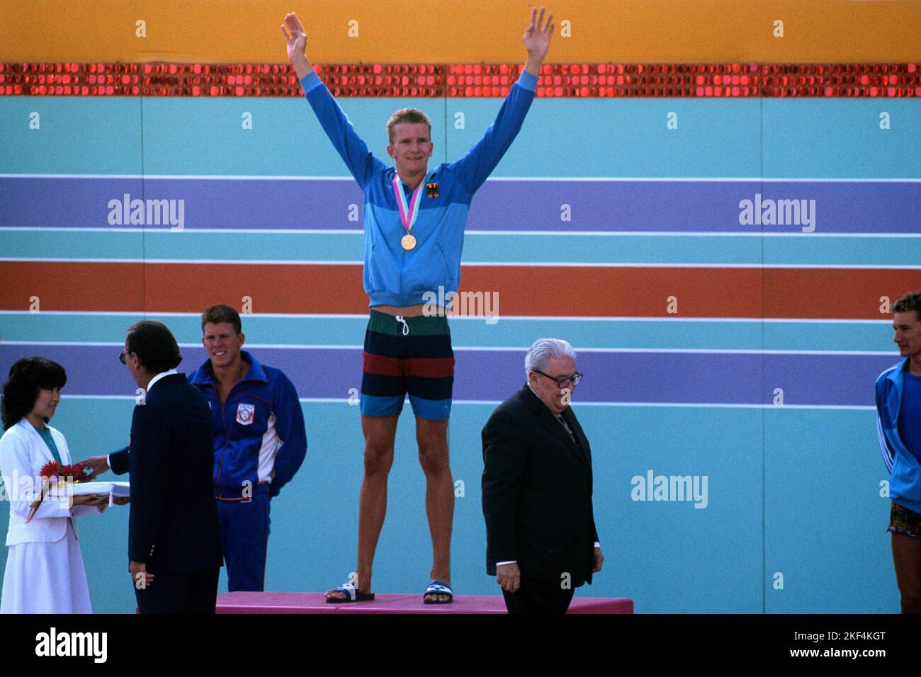 West Germany's Michael Gross celebrates winning gold in the Men's 200m ...