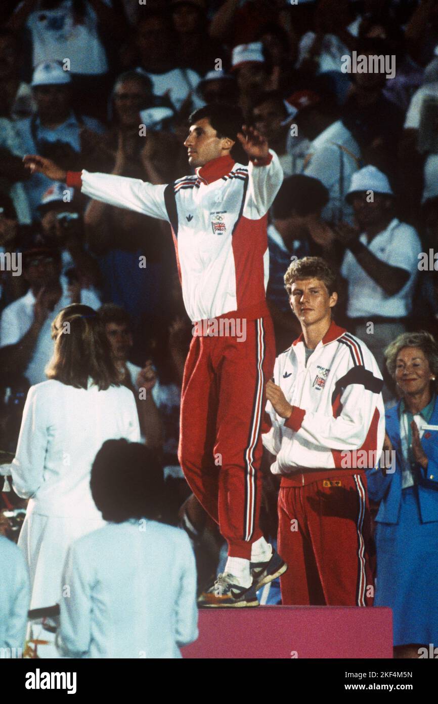 Great Britain's Sebastian Coe steps onto the podium to accept his gold ...