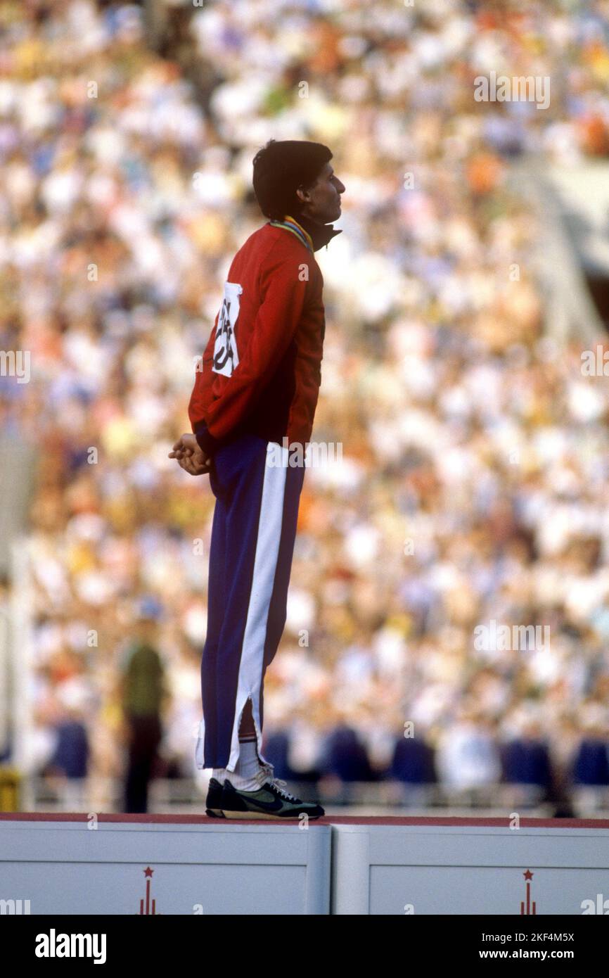 Great Britain's Seb Coe on the podium listening to the national anthem ...