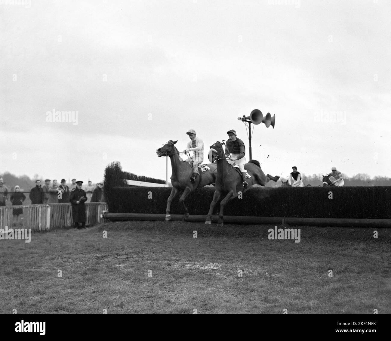 'Tut Tut' (6), with Mrs C Sutcliffe up, taking the last fence to win ...
