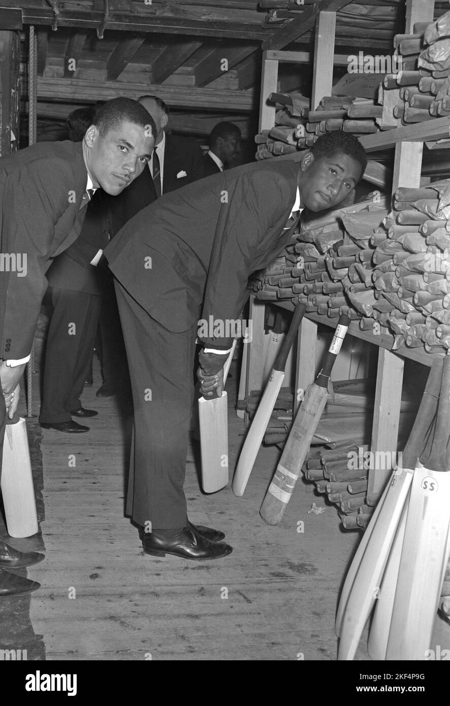 (Left to Right) Peter Lashley and Rawle Brancker selecting cricket bats ...