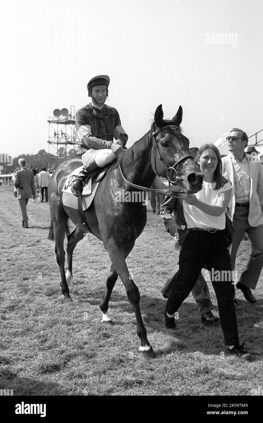 A smile from Lester Piggott as he rides Circus Plume into the winners ...