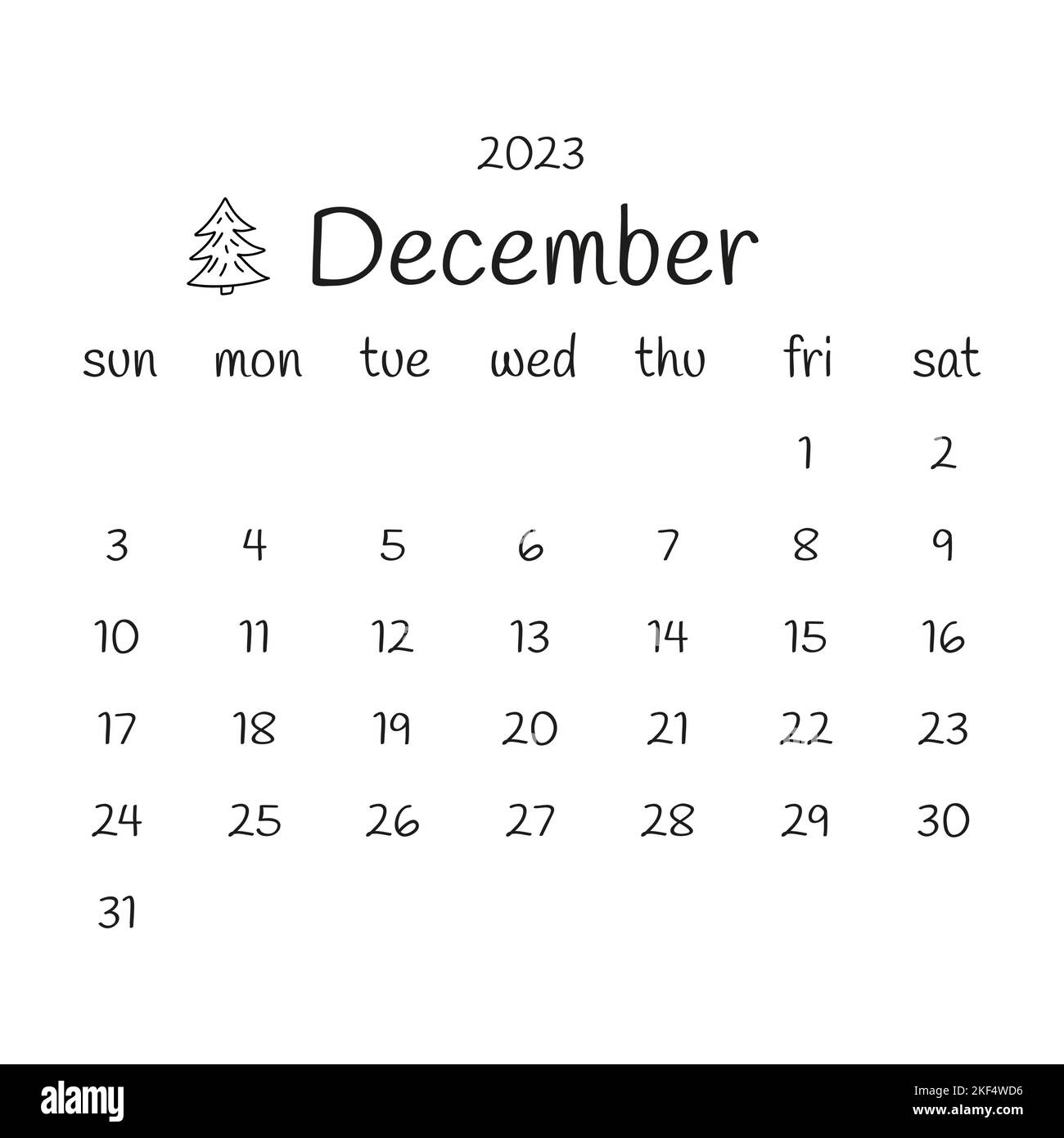 2023 december calendar with Christmas tree. Black and white modern ...