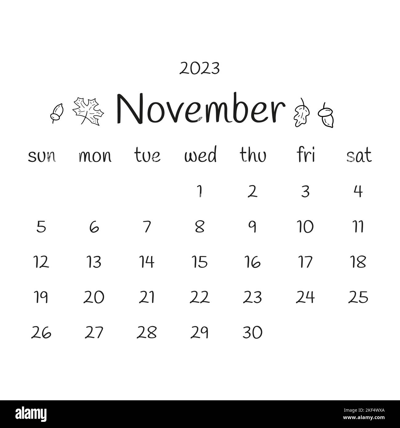 2023 november calendar with autumn leaves and acorns. Black and white ...