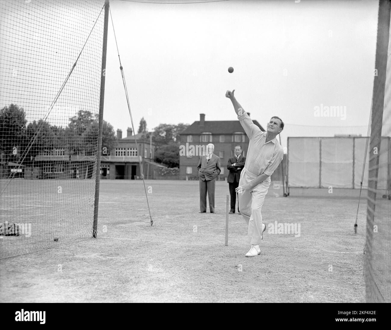 England's Jim Laker bowling in the nets in a vain bid to prove his ...
