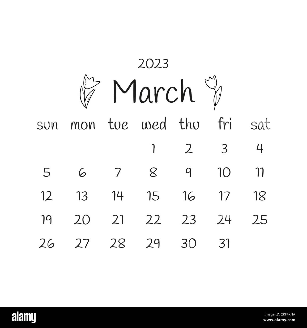2023 march calendar with tulips. Black and white modern calendar with ...