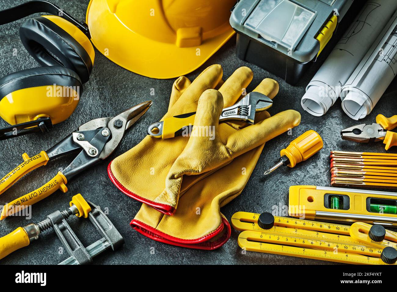 big set of construction tools on black background Stock Photo - Alamy