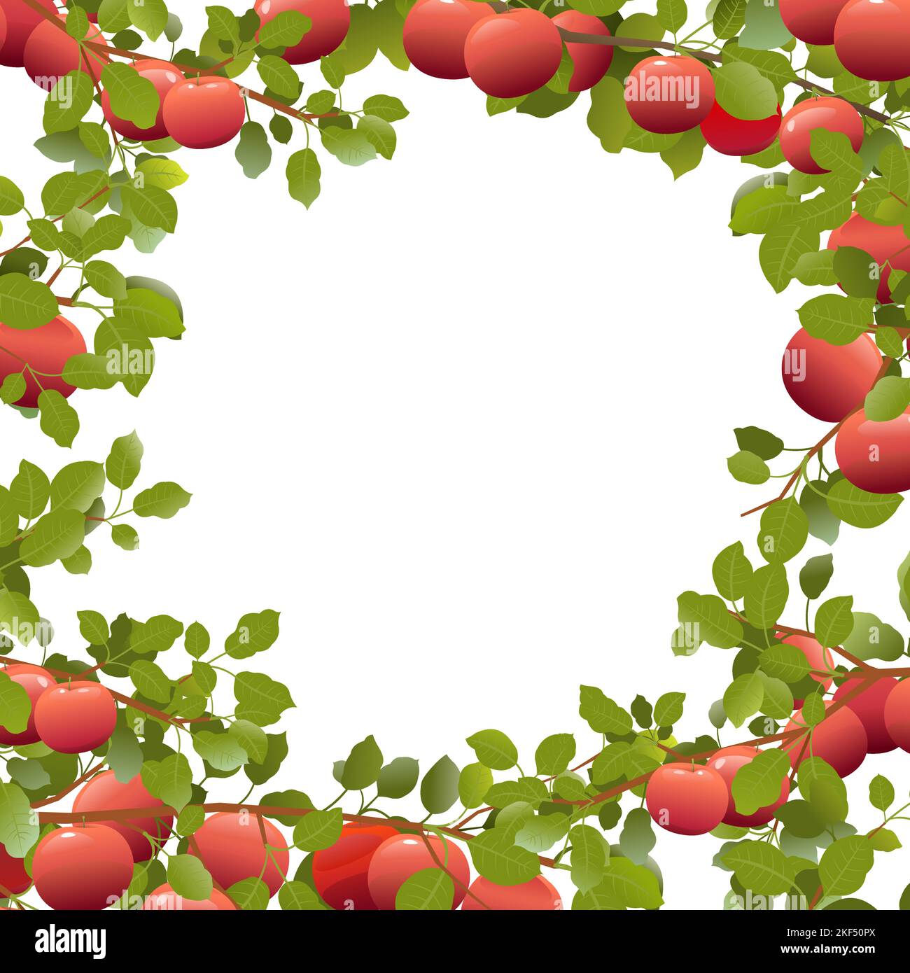 Tree branches apples with ripe fruits frame in form of circle. Isolated ...