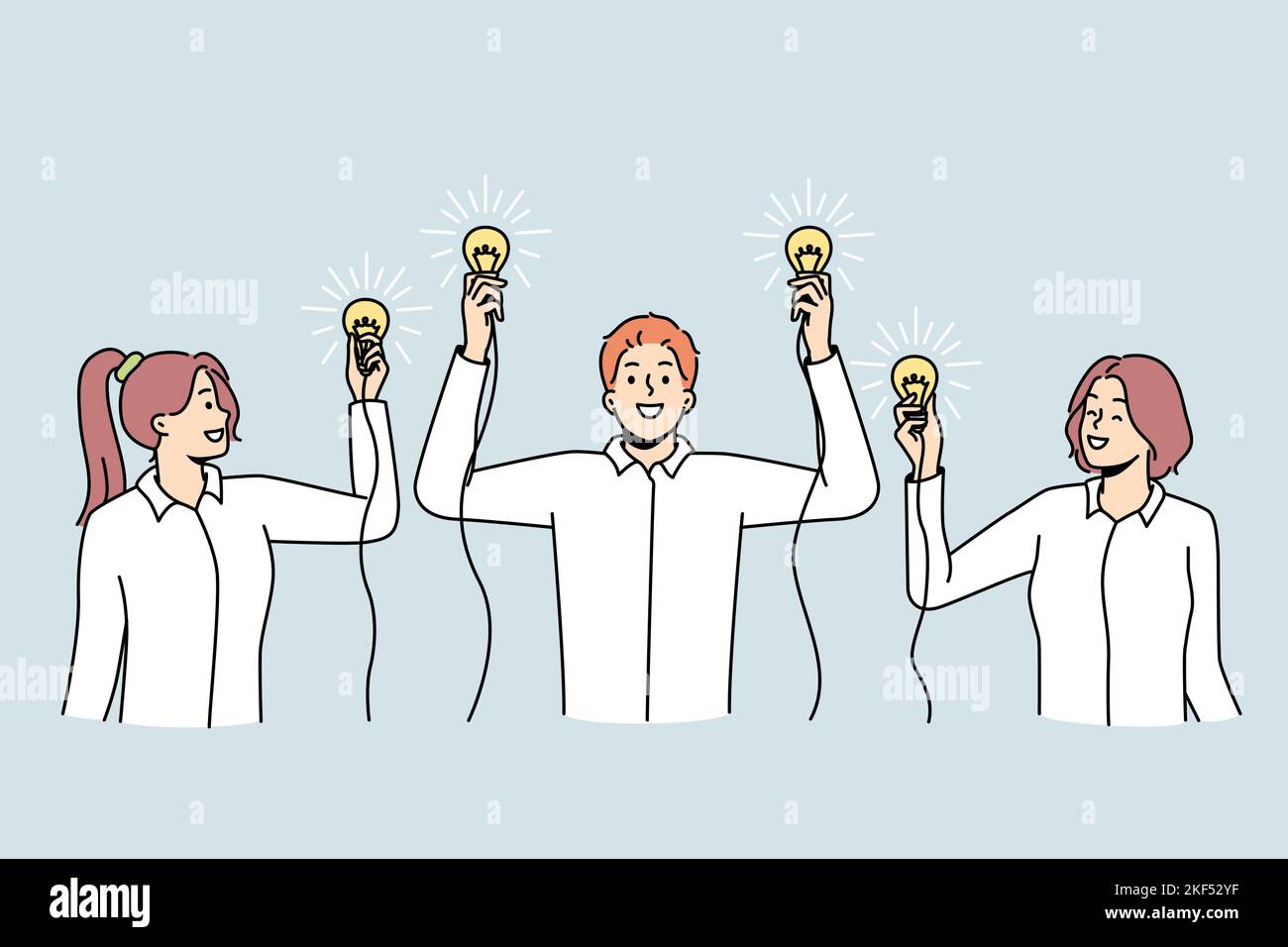 Talented creative people hold lit lightbulbs in hands. Professionals ...