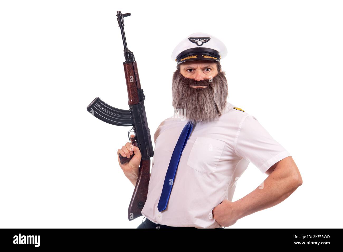 A bearded pilot holds an automatic rifle, isolated on a white ...