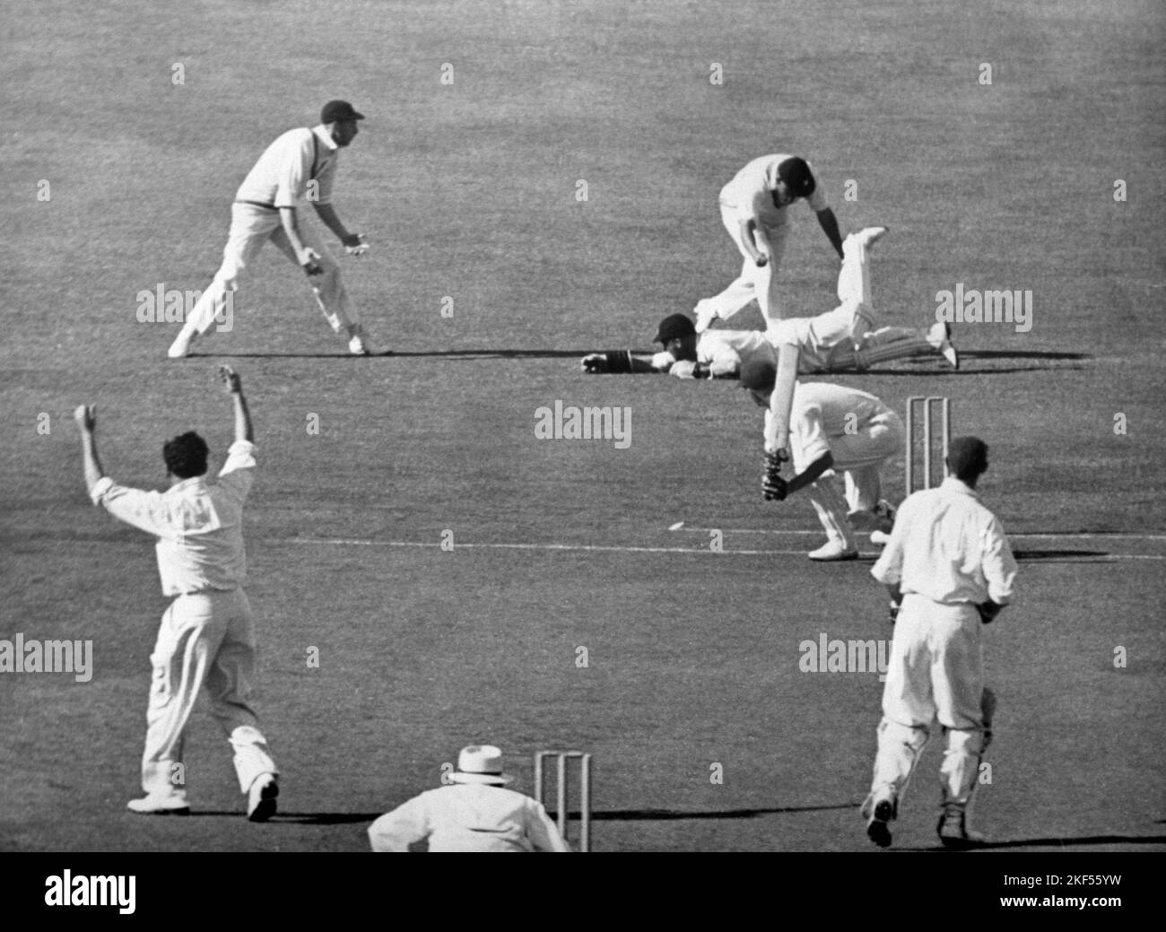 Brian Taylor (MCC) dives full length to stop the ball from Tony Pithey ...