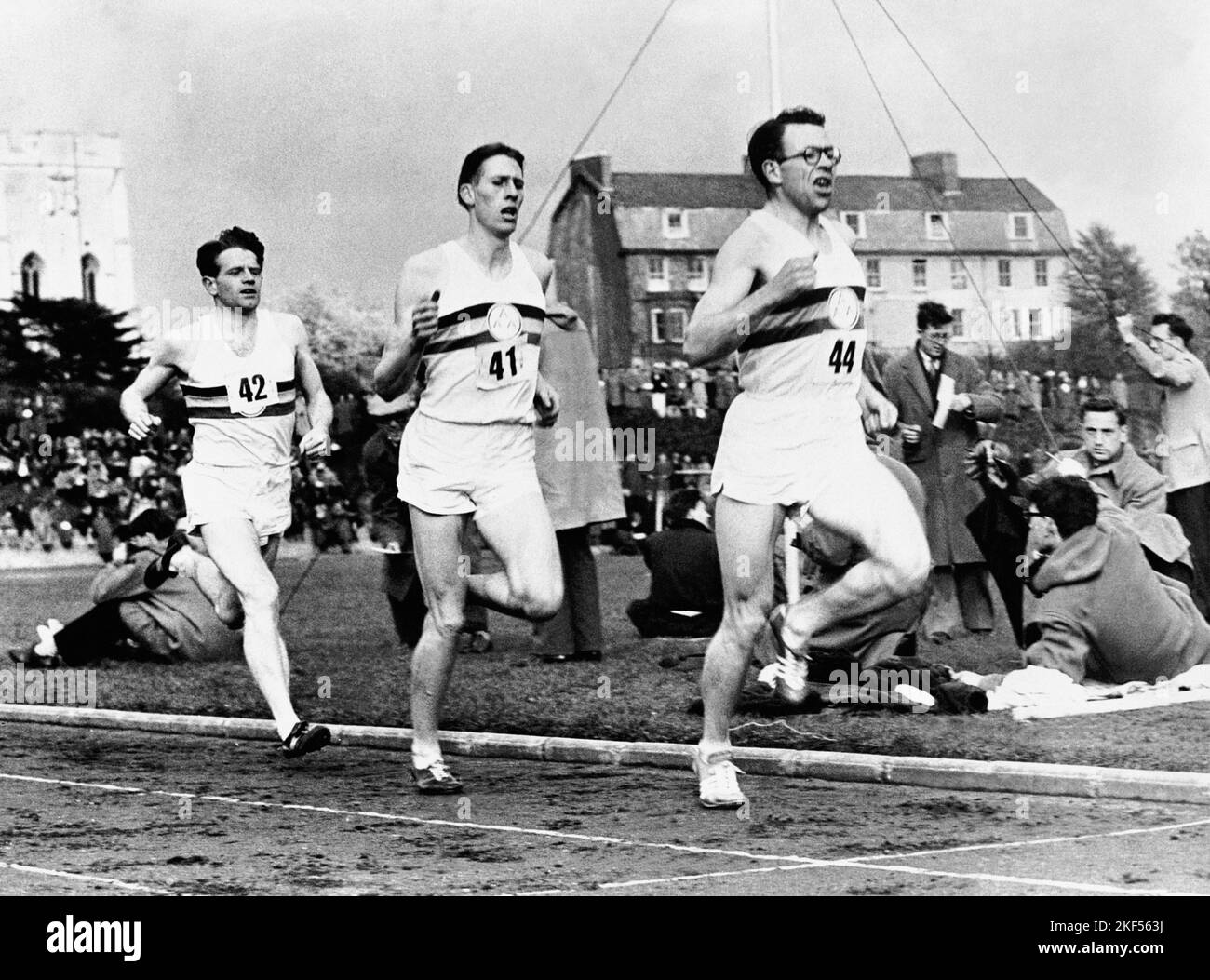 Chris Brasher (r) leads from Roger Bannister (c) and fellow pacesetter ...