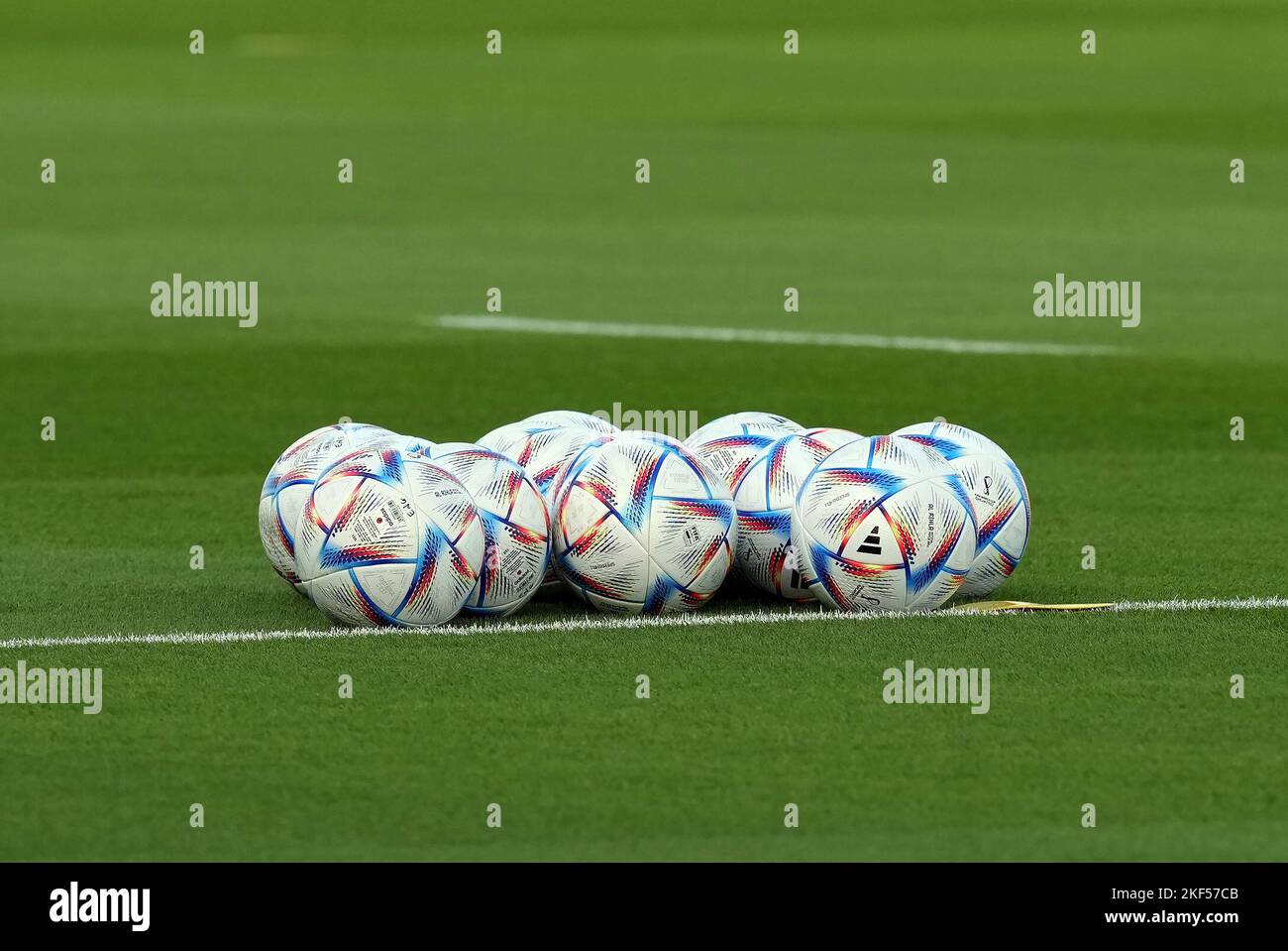 A general view of Adidas Al Rihla match balls during a training session ...