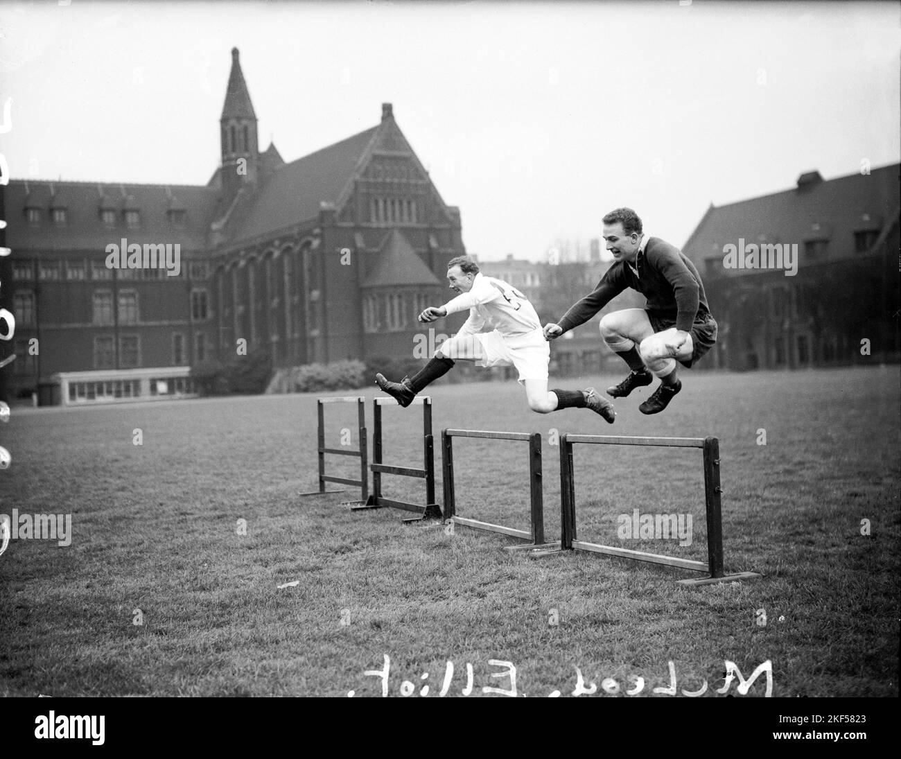 (L-R) Scotland's Tom Elliot and Hugh McLeod leap over hurdles during ...