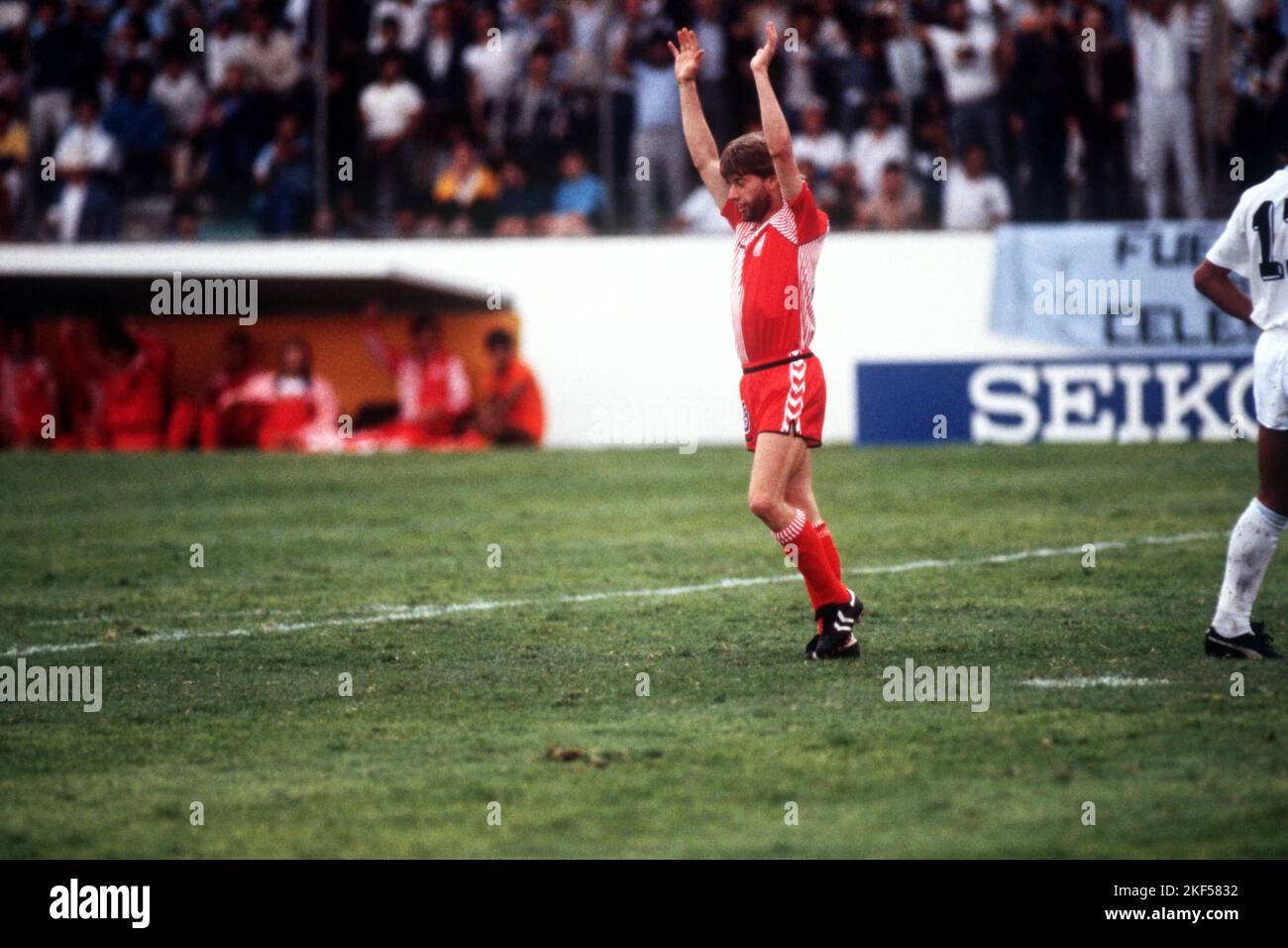 Denmark's Jesper Olsen celebrates scoring Stock Photo - Alamy
